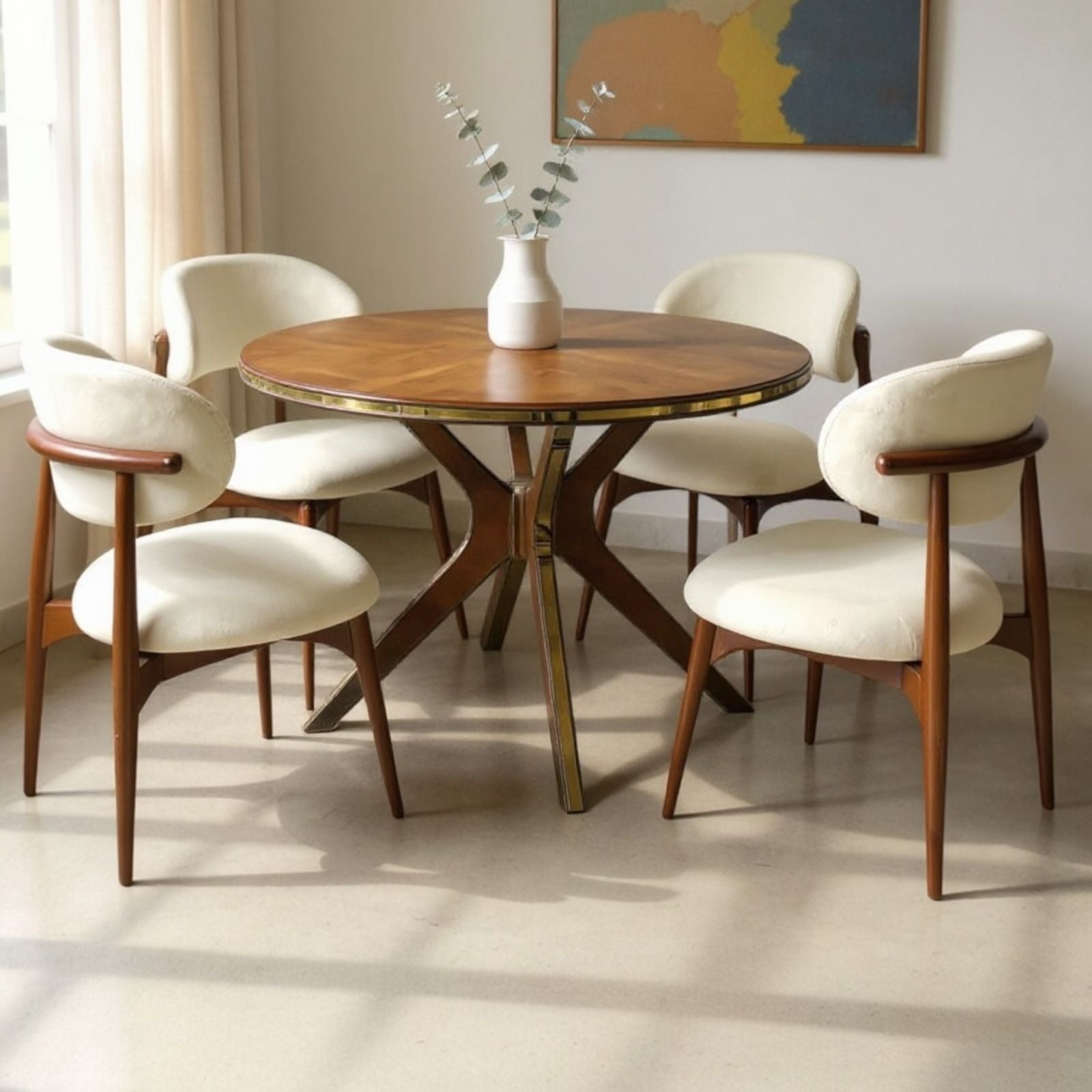 Modern round dining set with 4 wooden chairs and light upholstery | Nabolia